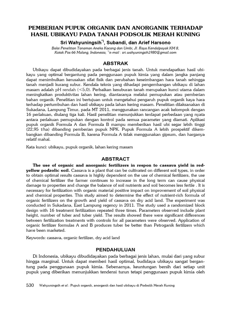 Pemberian Pupuk Organik Dan Anorganik Terhadap-Hasil Ubikayu Pada Tanah Podsolik Merah Kuning | PDF
