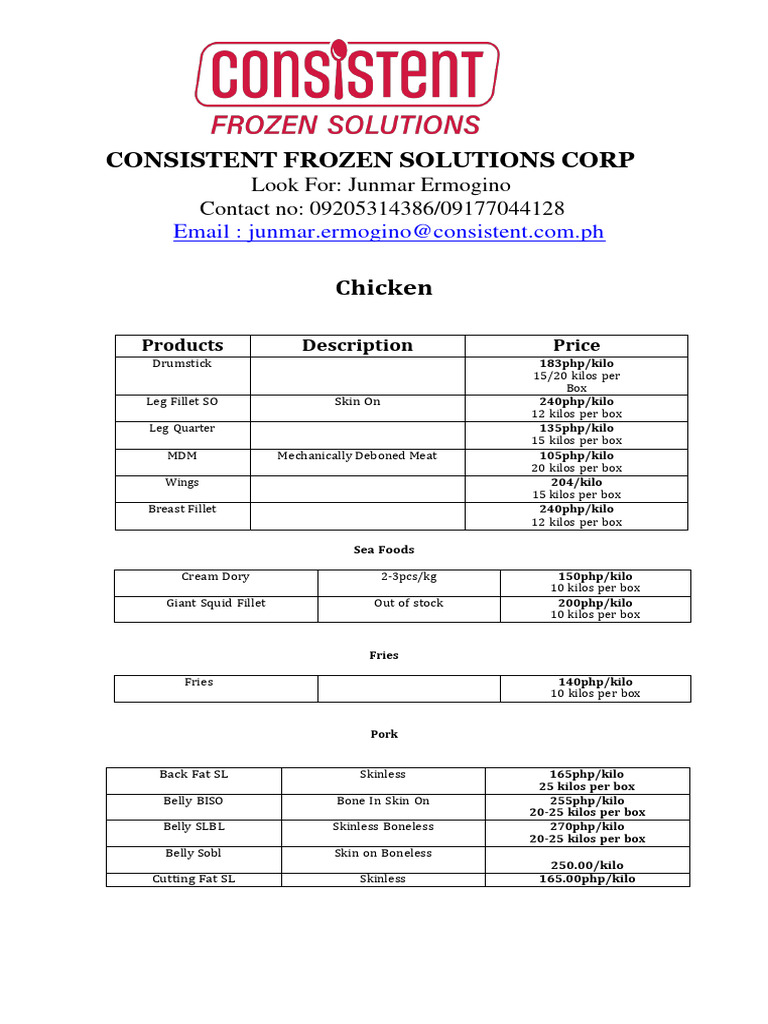 Consistent Frozen Price List 03-2023 | PDF