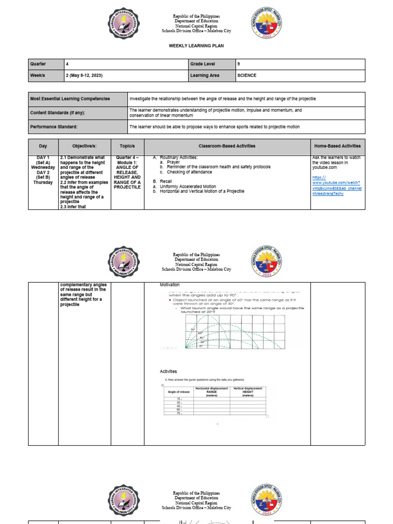 Grade 9 Science: Projectile Motion Plan | PDF