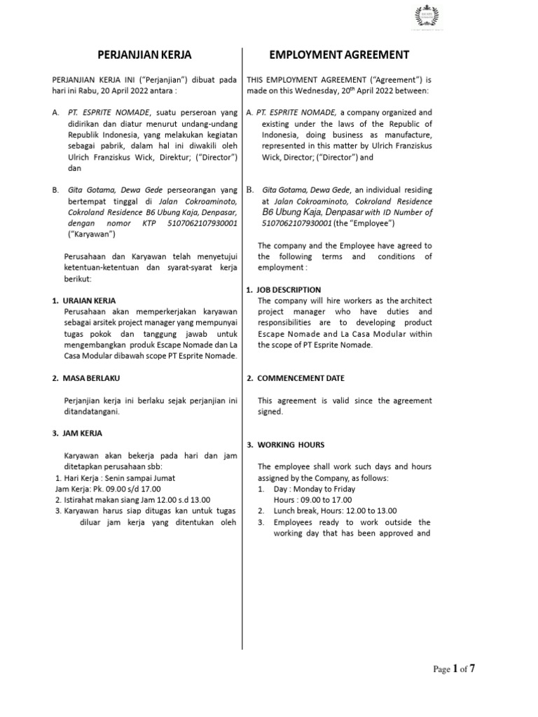 Working Agreement Dewa Gede Gita Gotama Pdf