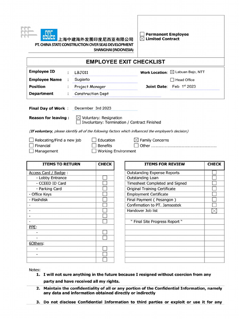 FORM AP025 Employee Exit Check List - sugiarto - 扫描件 | PDF