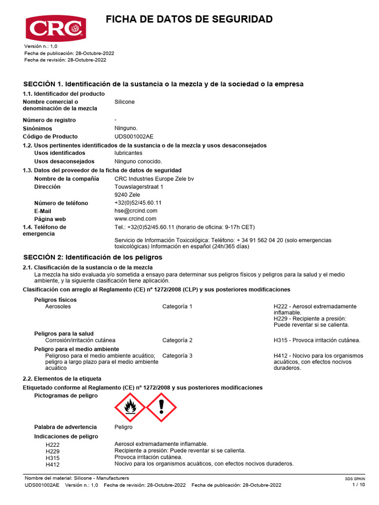69-Ficha Seguridad Crc Silicone 28-10-2022 | PDF