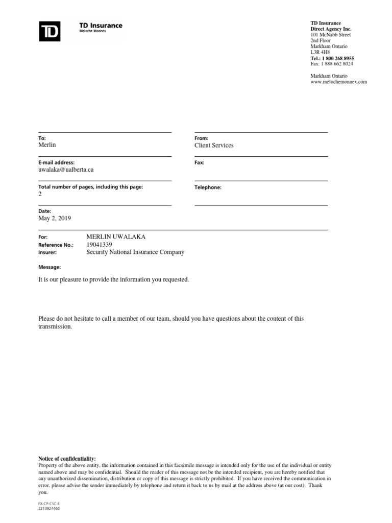 From: To:: TD Insurance Direct Agency Inc | PDF | Insurance | Fax