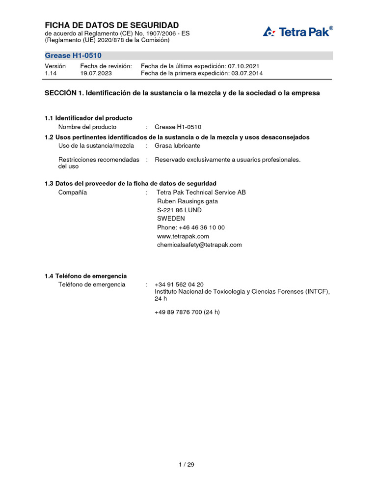 Ficha de Seguridad: Grease H1-0510 | PDF