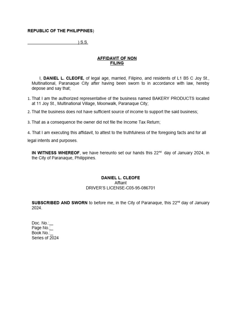 Affidavit of Non-Filing of Income Tax Return | PDF