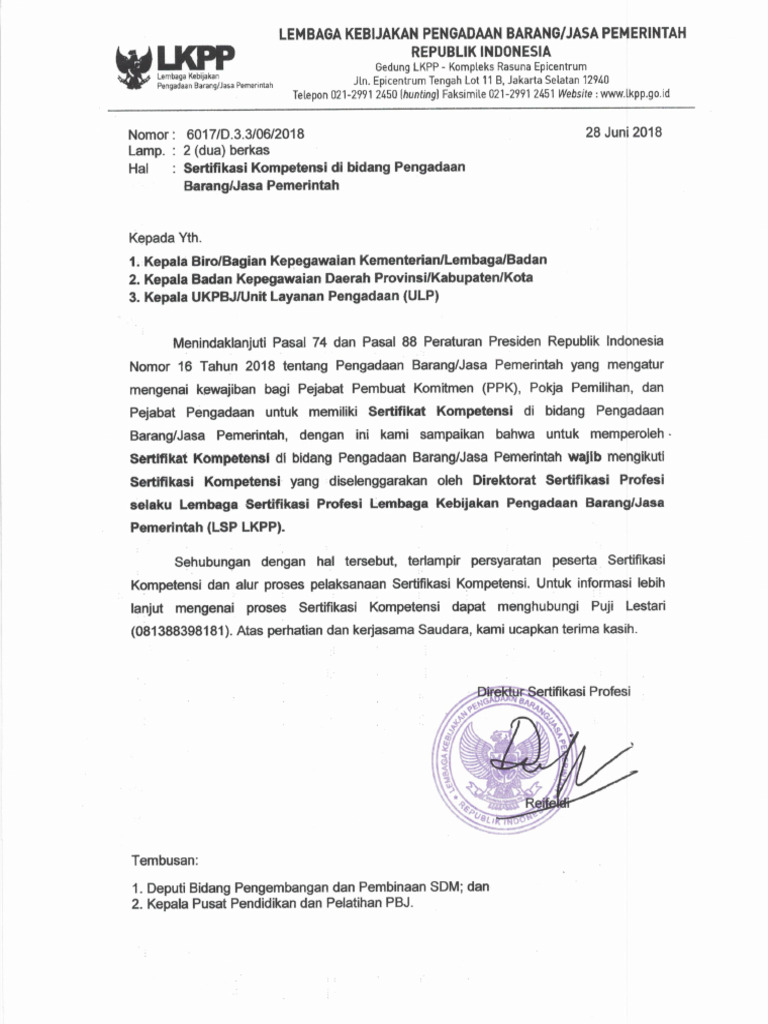 Surat Pemberitahuan Sertifikasi Kompetensi (Unit Kepegawaian KLPD) | PDF