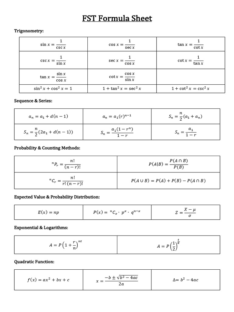 FST Formula Sheet | PDF | Mathematics | Mathematical Relations