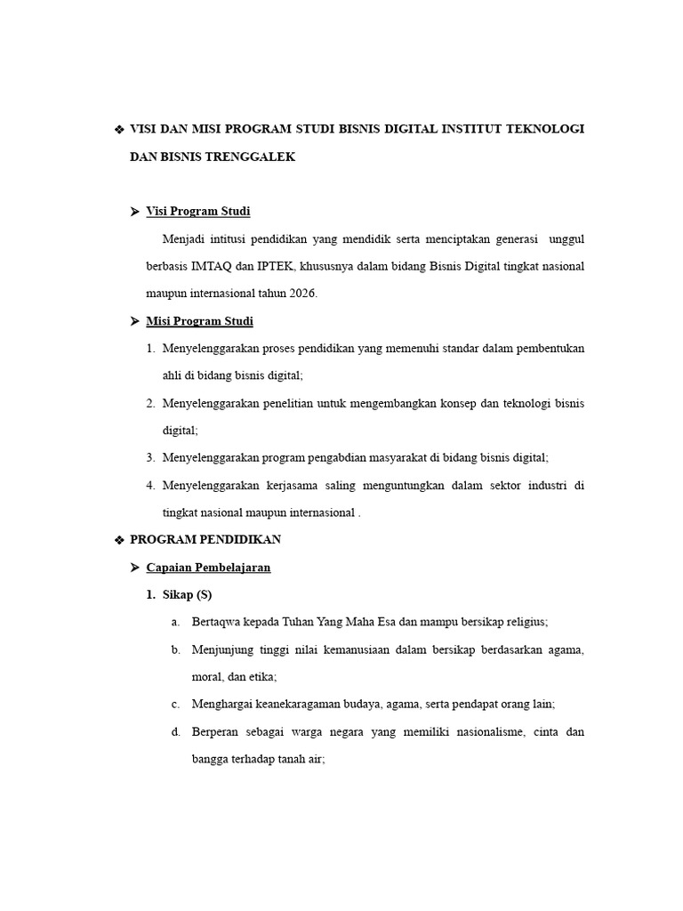 Visi Dan Misi Program Studi Bisnis Digital | PDF