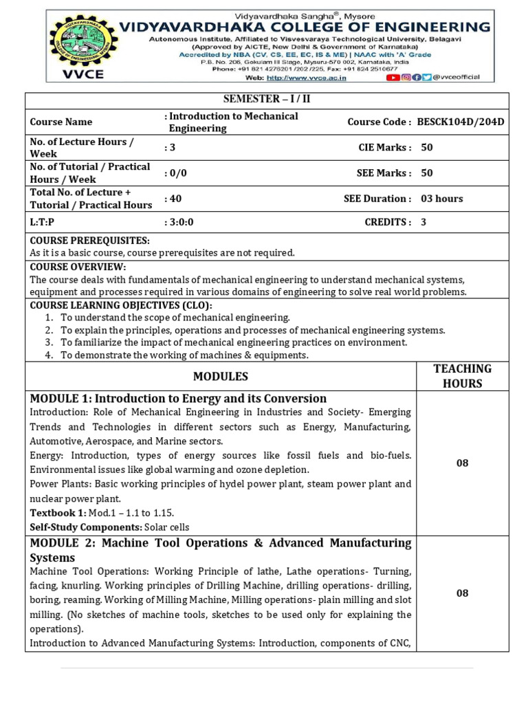 Introduction To ME Syllabus | PDF