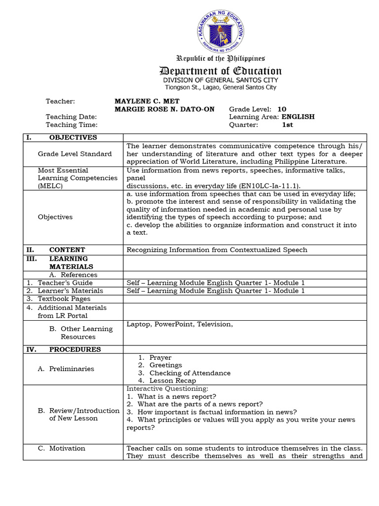 English 10-Q1-W1D2 | PDF | Learning | Teachers