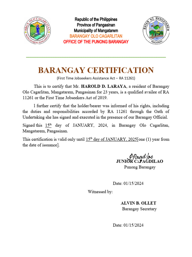 Barangay Certificate Firsttime Jobseeker Template | PDF
