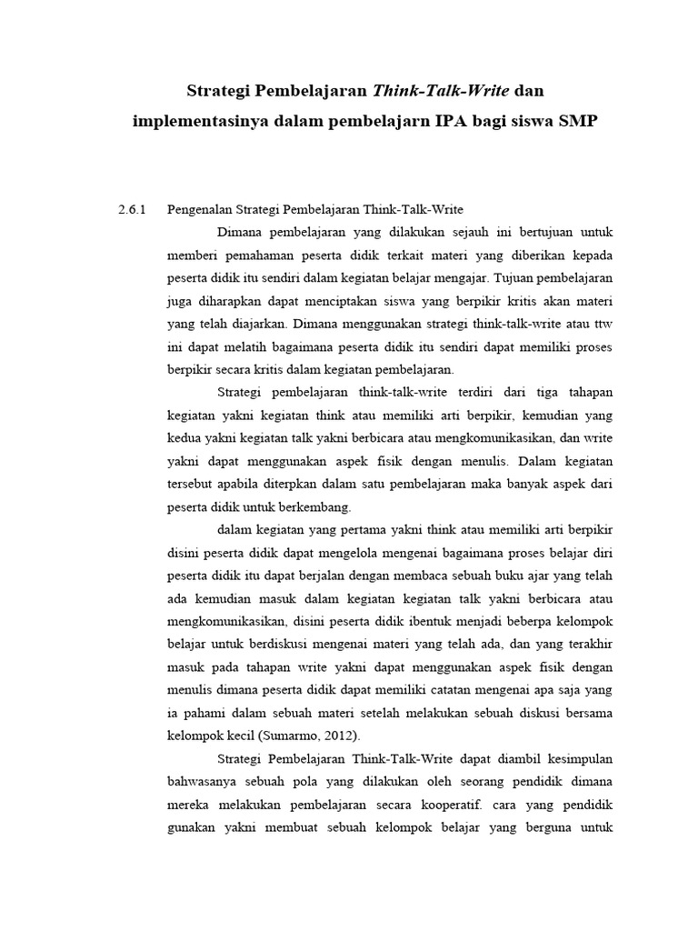 Strategi Pembelajaran Think-Talk-Write Dan Implementasinya Dalam ...