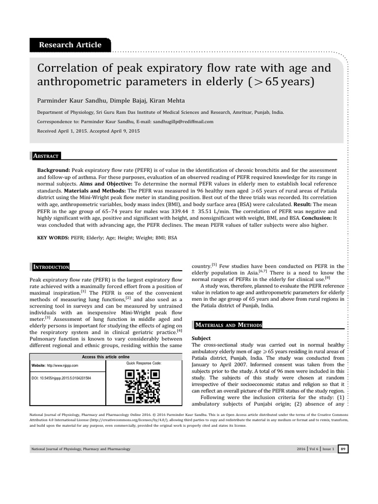 Correlation of Peak Expiratory Flow Rate With Age | PDF | Body Mass Index | Statistics