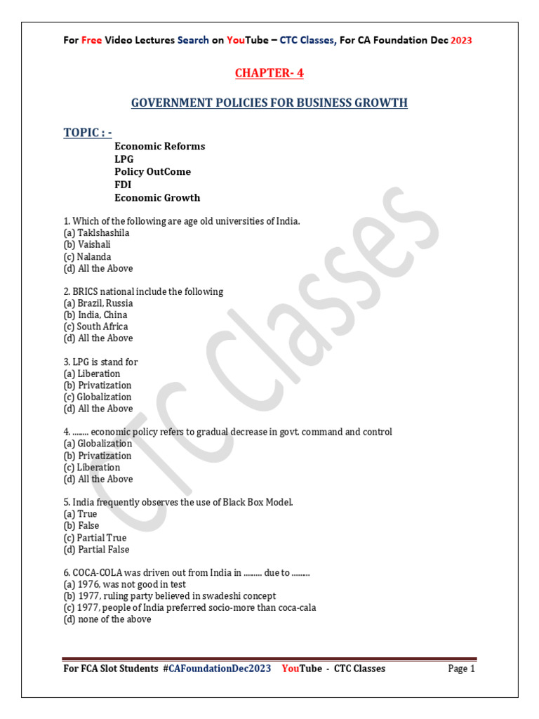 BCK CHAPTER - 4 MCQ - CTC Classes | PDF | Government | Economies