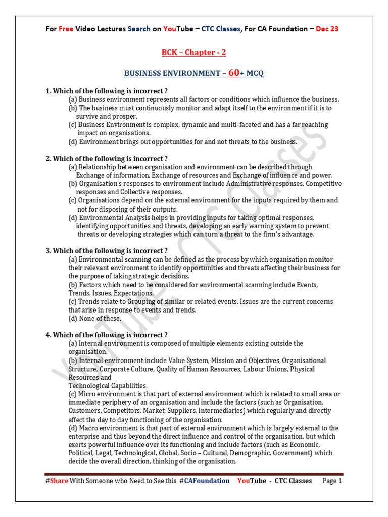BCK - Chapter - 2 MCQ - CTC Classes | PDF | Swot Analysis | Economies