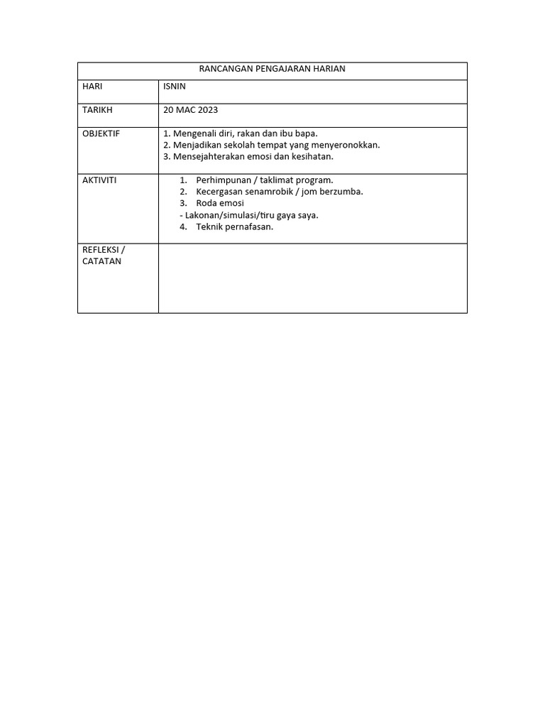 RANCANGAN PENGAJARAN HARIAN Semester Baharu Mac 2023 (Perkenalan) | PDF