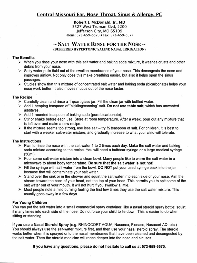 Salt Water Rinse For The Nose | PDF