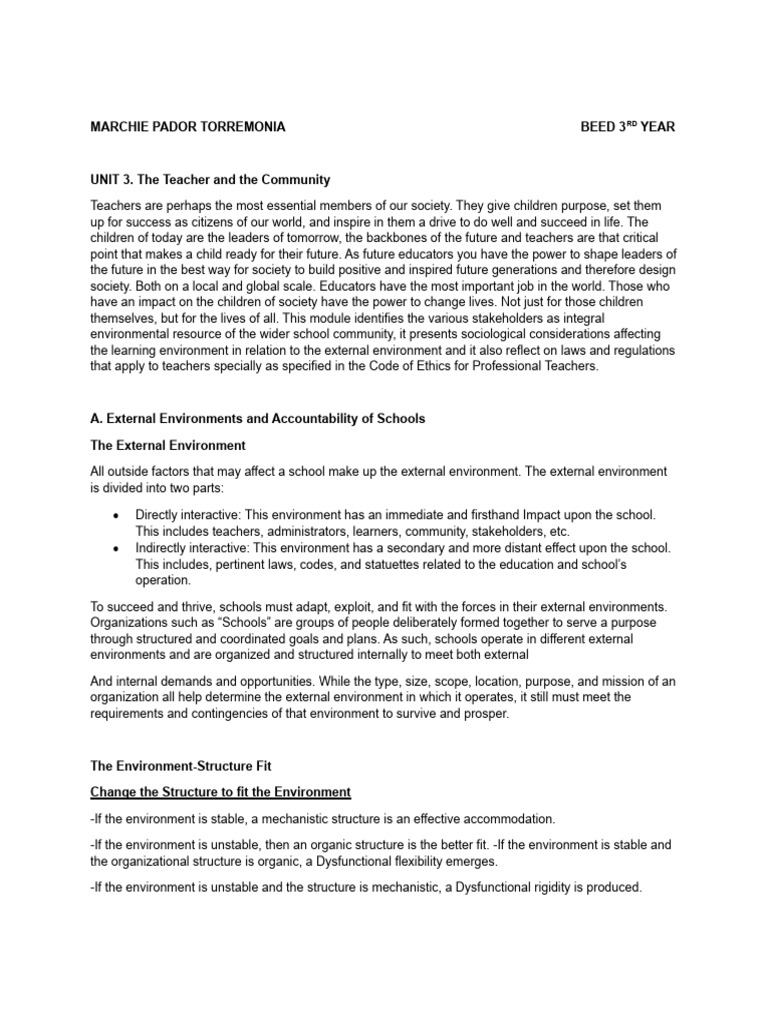 Unit 3 The Teacher and The Community | PDF