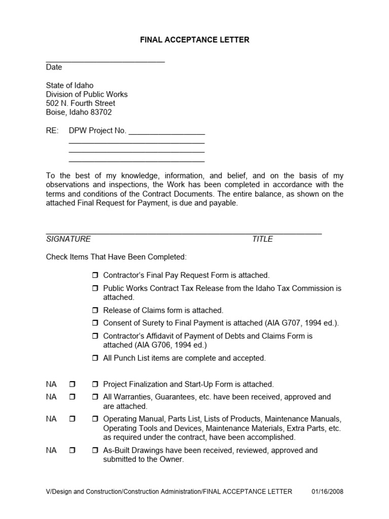 Final Acceptance Letter Template | PDF
