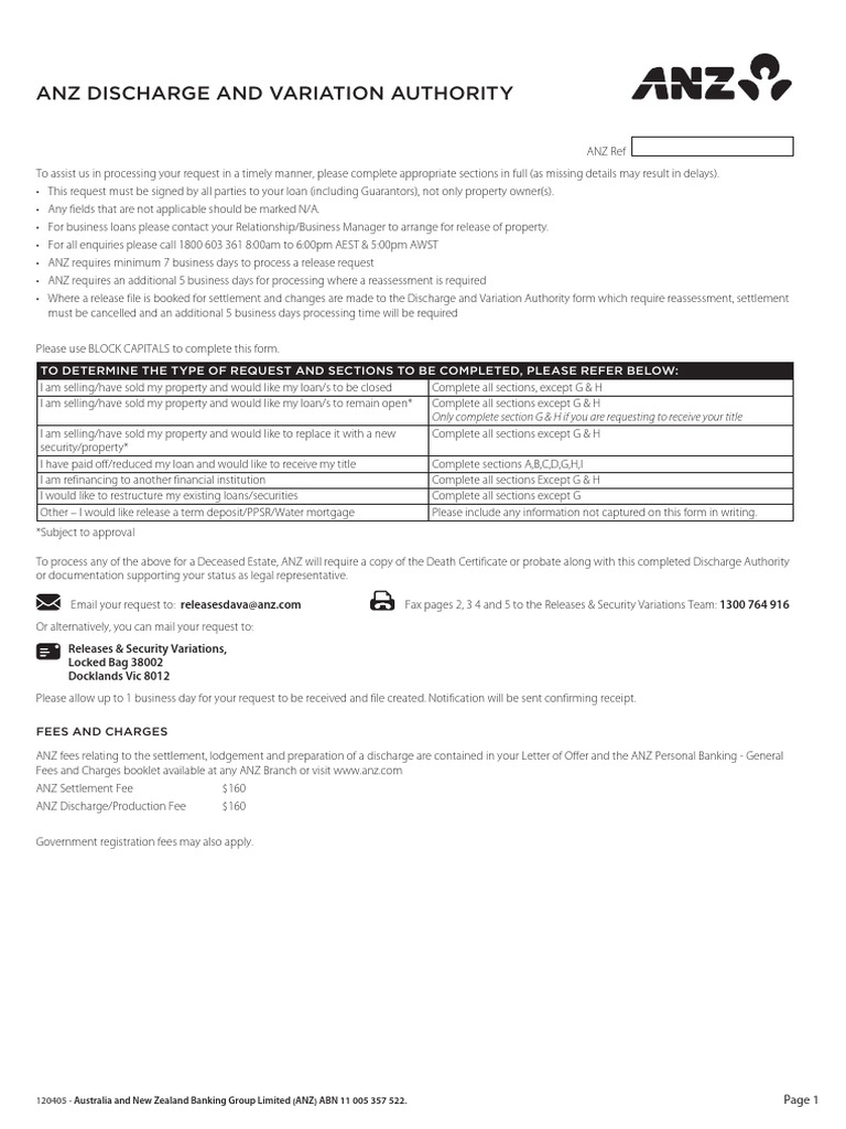 Anz Discharge and Variation Authority: To Determine The Type of Request and Sections To Be ...
