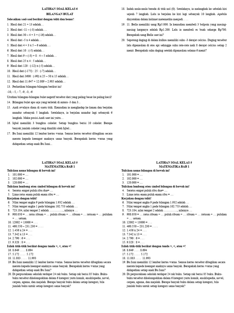LATIHAN SOAL MTK KELAS 6 5 4 | PDF