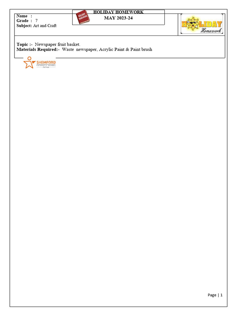 Holiday Homework - Art and Craft (Grade-7) | PDF
