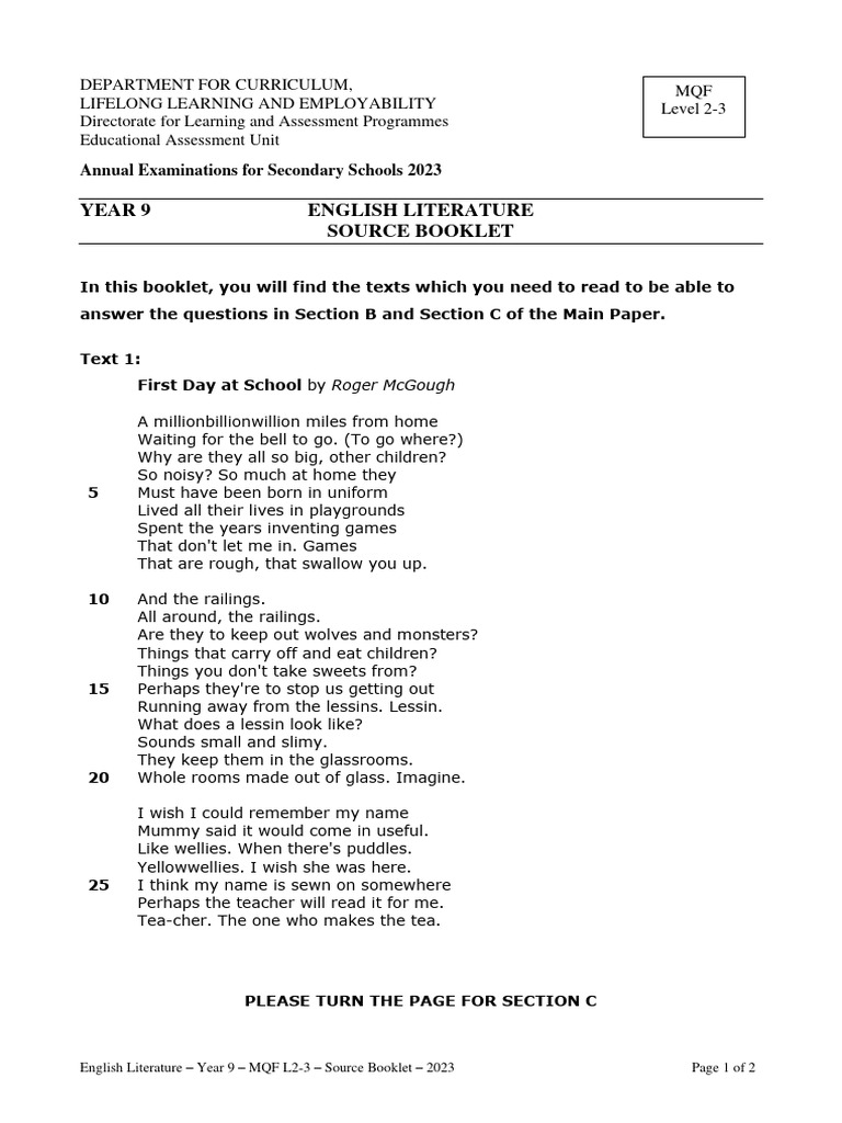 English - Literature - Yr09 - MQF - l2-3 - Source Booklet - 2023 | PDF