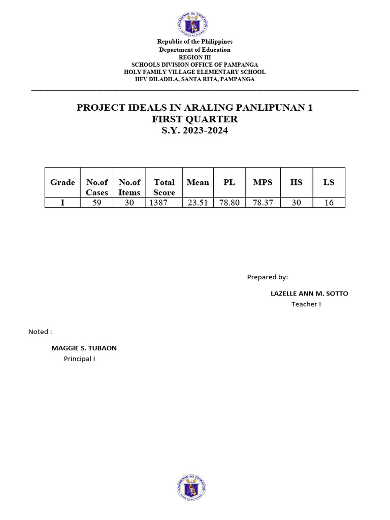 Araling Panlipunan I First Quarter Project Ideals Sy.2023 2024 | PDF ...