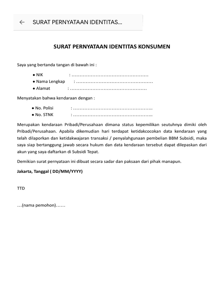 Surat Pernyataan Identitas Konsumen - Subsidi Tepat | PDF