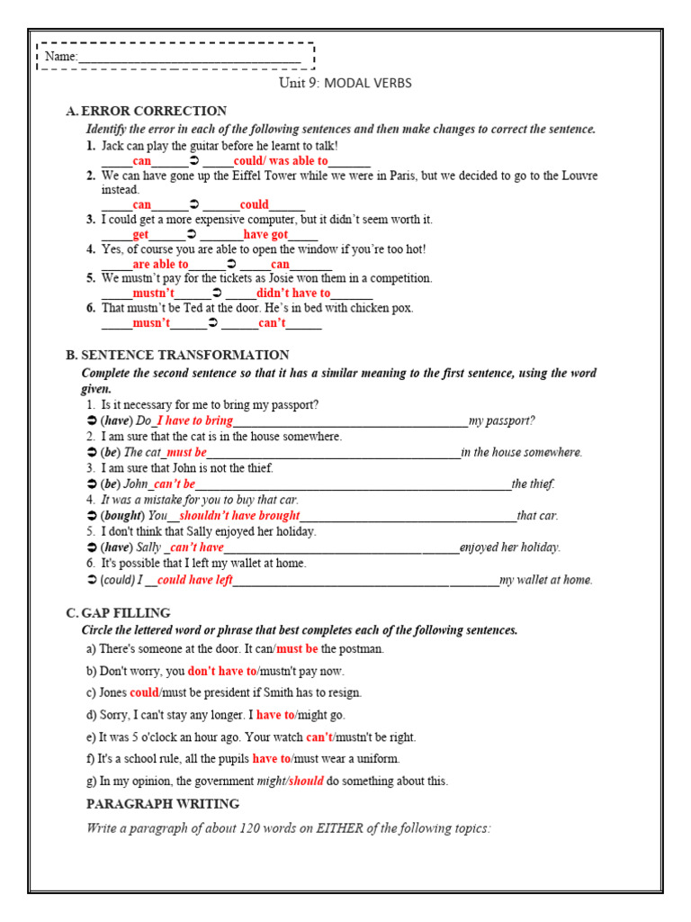 GramB2 Unit9 ModalVerbs (Key) | PDF | Semantic Units | Linguistic Typology