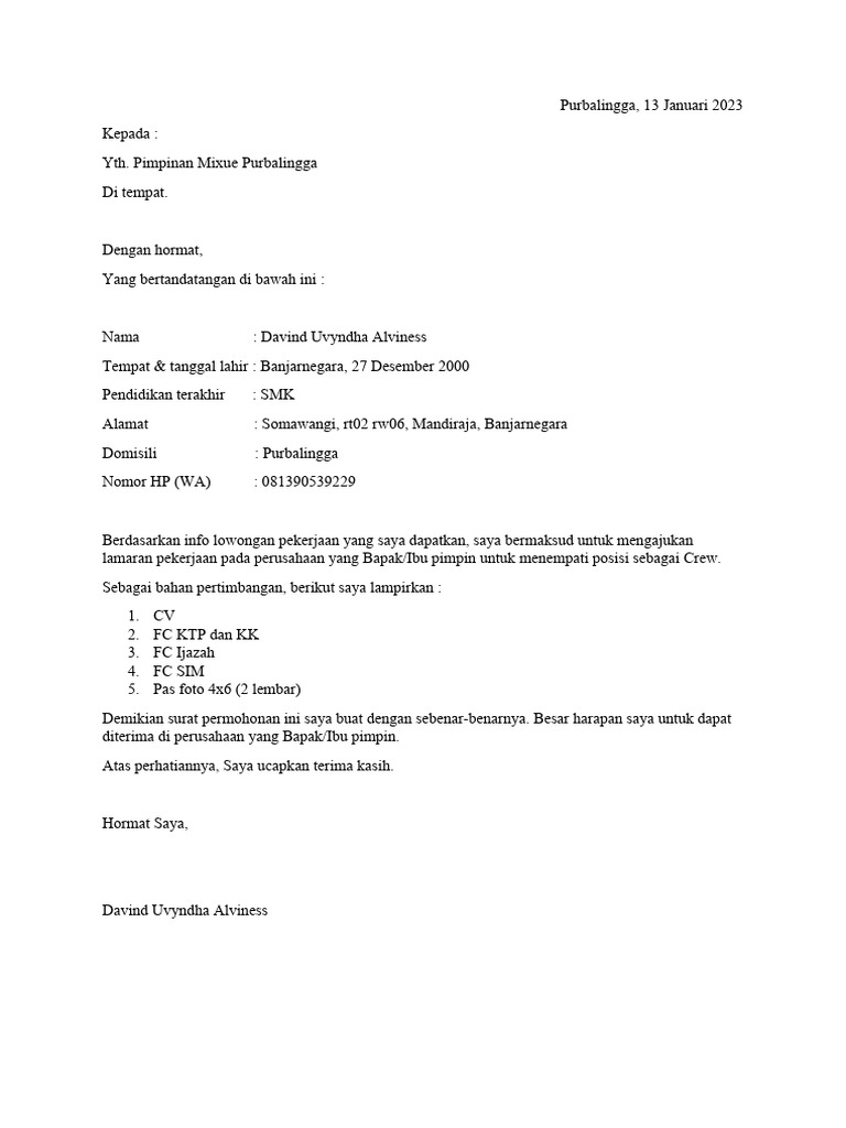 Surat Lamaran Kerja di Mixue Purbalingga | PDF