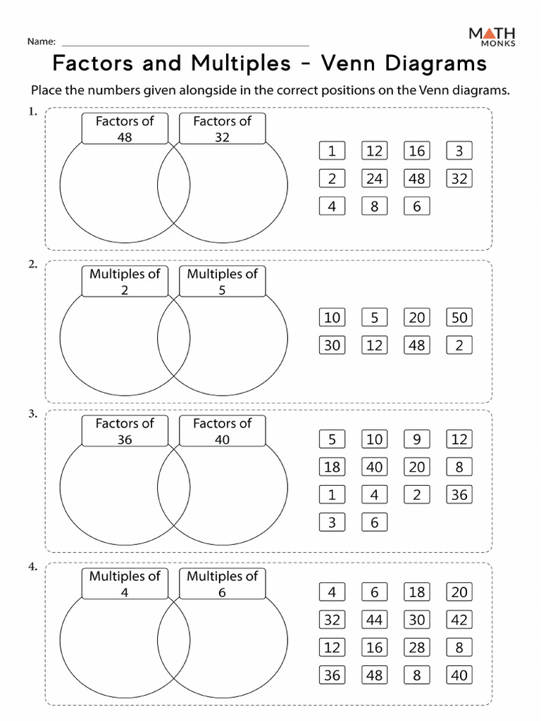 Factors and Multiples Venn Diagram Worksheets | PDF