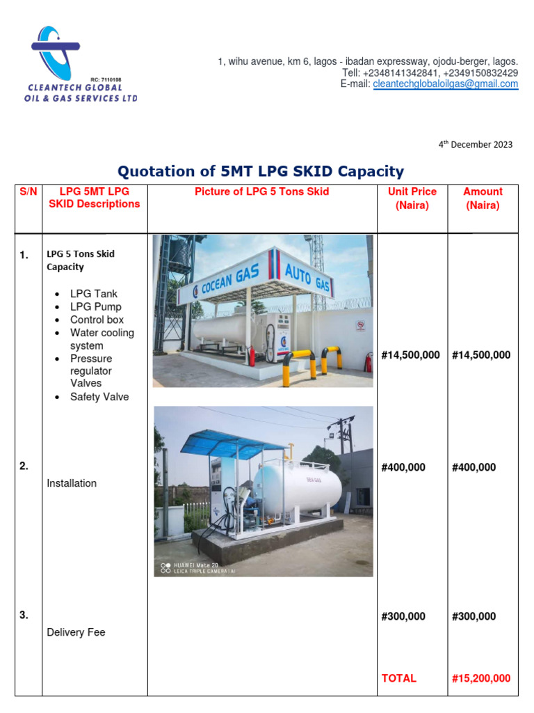 LPG Skid Quotation for Businesses | PDF