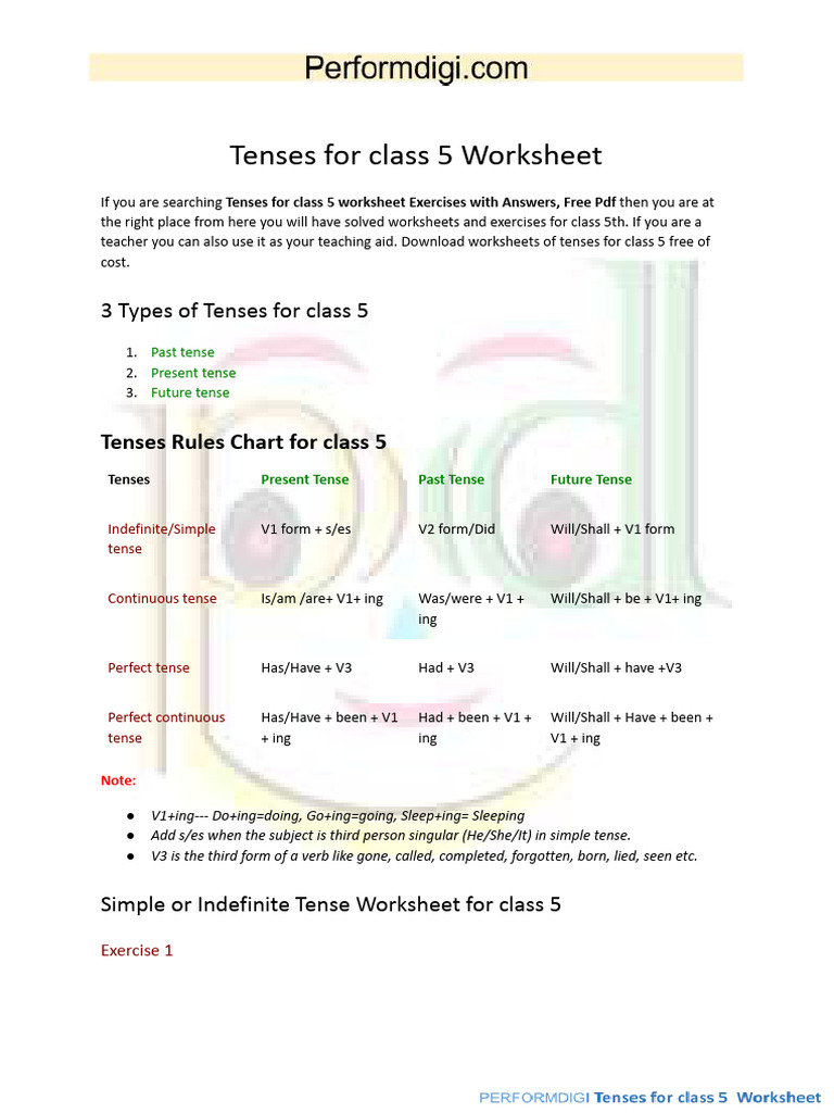 Tenses For Class 5 Worksheet Pdf Pdf Grammatical Tense Perfect