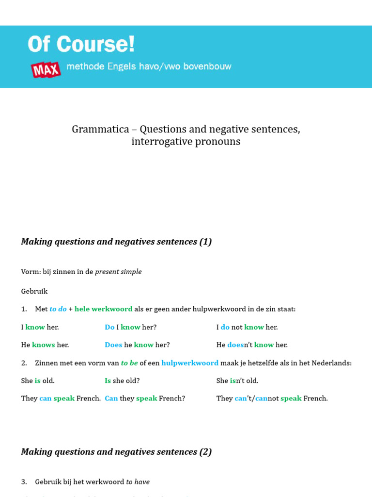 Grammar 2 - Questions and Negatives & Interrogative Pronouns (Unit 1) | PDF