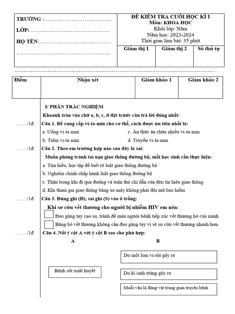 Đề 1-KH 5 - Cuối HK1 | PDF