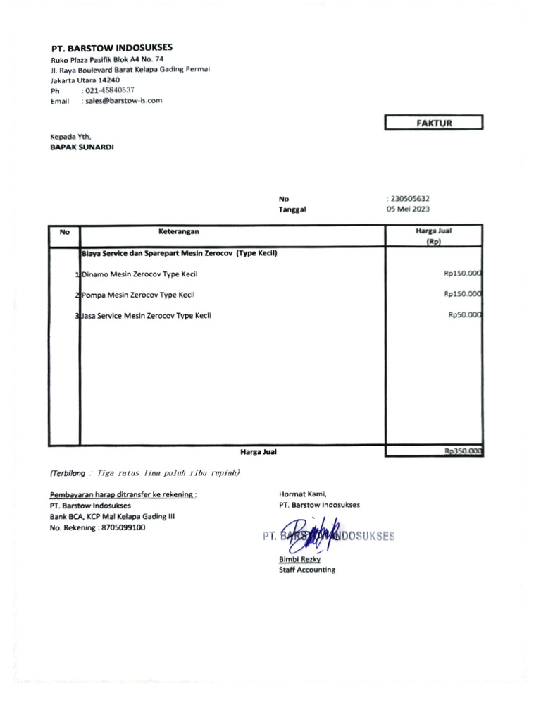 Invoice Bp. Sunardi Perbaikan Mesin Zerocov | PDF