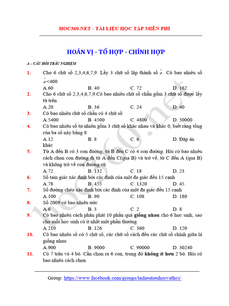 1 - Hoc360.net Trac Nghiem Hoan VI To Hop Chinh Hop Toan 11 | PDF