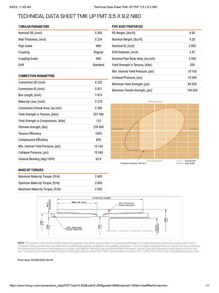 Technical Data Sheet TMK UP FMT 3.5 X 9.2 N80 | PDF | Pipe (Fluid Conveyance) | Mechanics