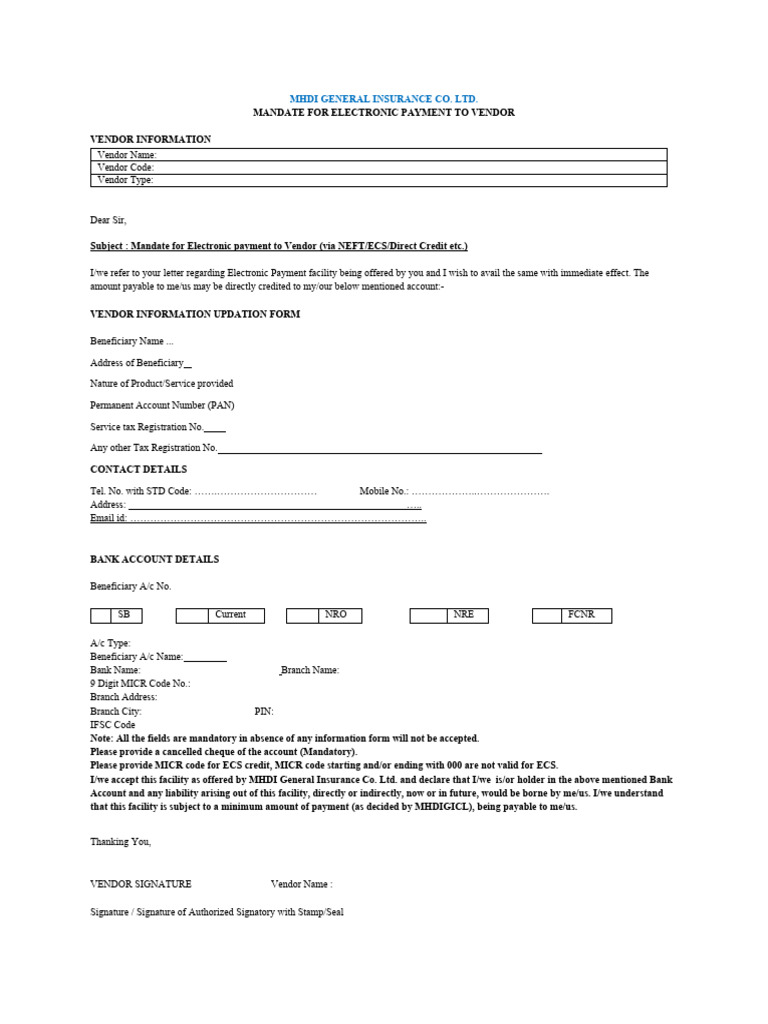 NEFT Mandate Form | PDF