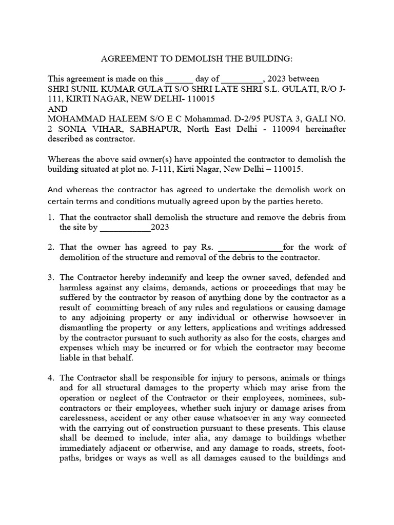 Demolition Agreement for Building Contract | PDF
