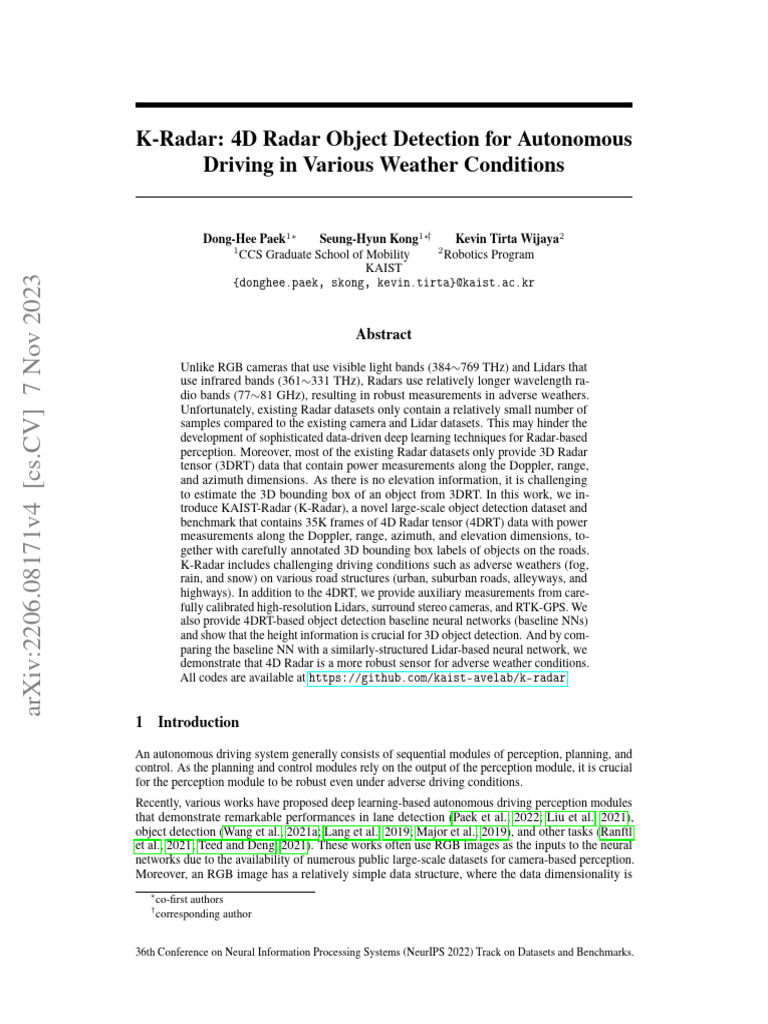 K-Radar- 4D Radar Object Detection | PDF