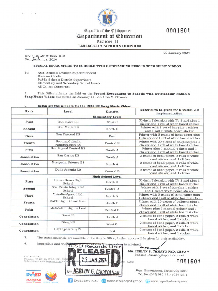 DM 25 S 2024 Special Recognition To Schools With Outstanding Rescue Song Music Videos 1601 | PDF ...