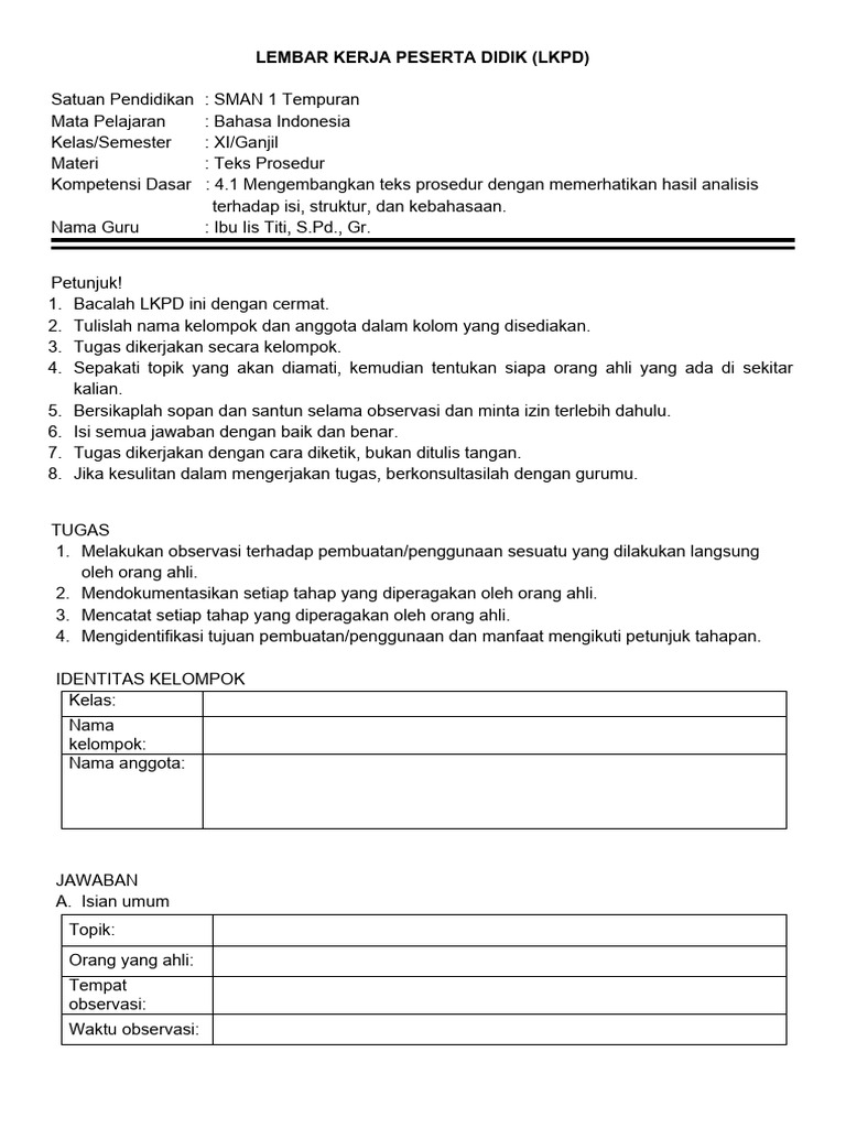 Lembar Kerja Peserta Didik Teks Prosedur | PDF Lembar Kerja Peserta Didik Teks Prosedur | PDF