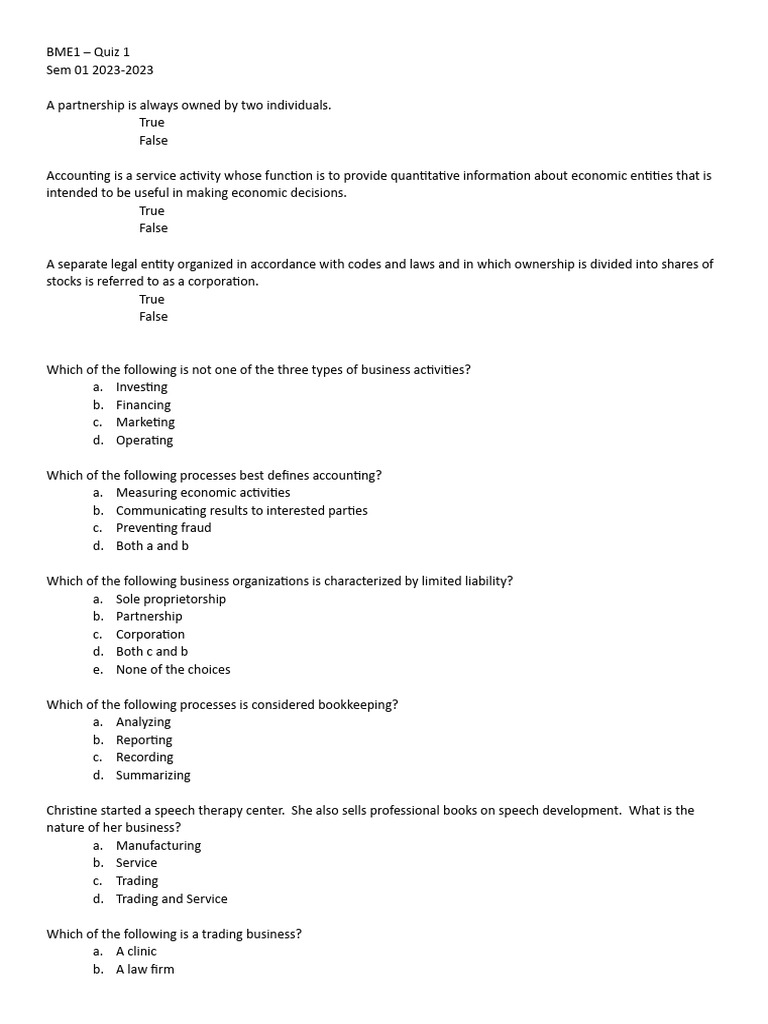 BME1 - Quiz 01 | PDF | Business | Sole Proprietorship