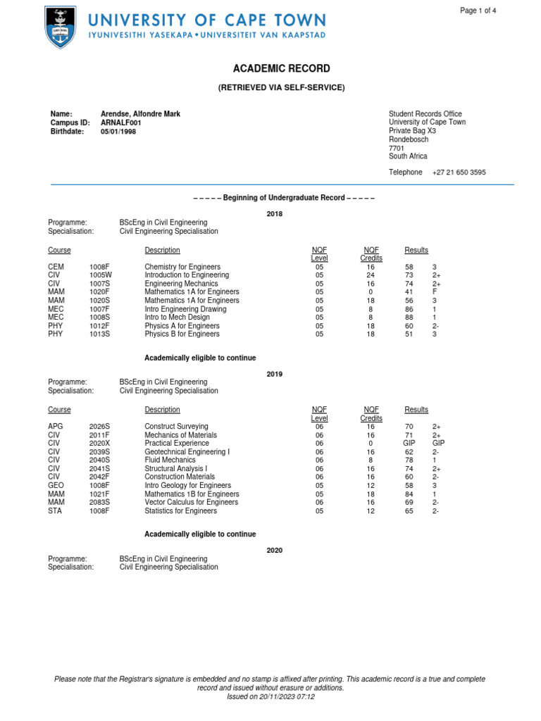 Uct Sretsrpt | PDF | Bachelor's Degree | Academic Degree