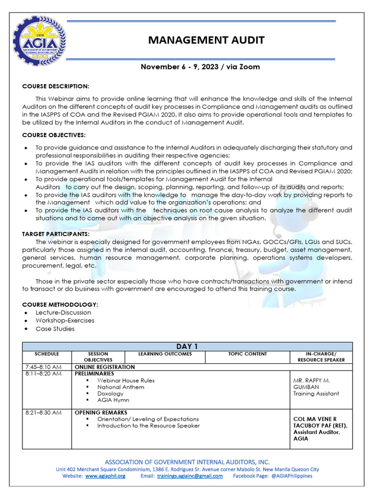 Course Outline - Management Audit (Nov. 6-9, 2023) | PDF | Audit ...