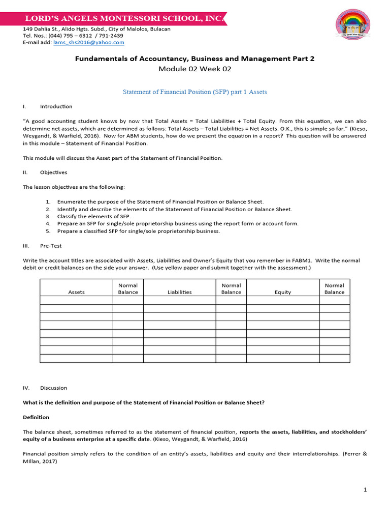 SPECIALIZED FABM2 Module 02 Week 02 - Statement of Financial Position ...