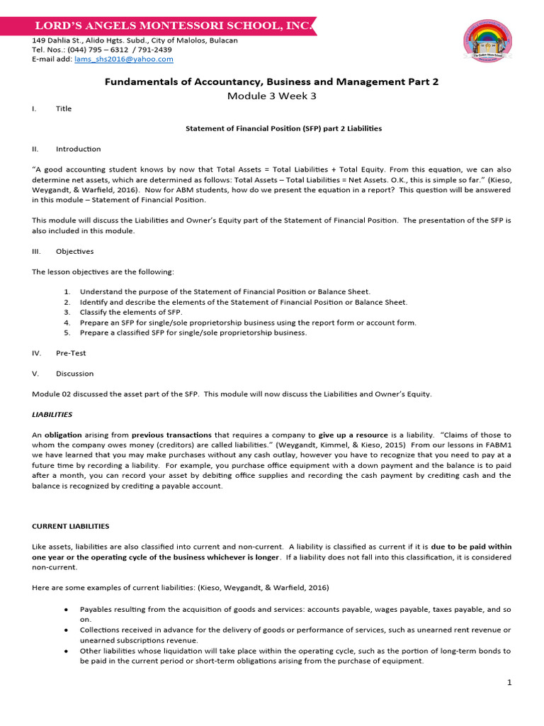 SPECIALIZED FABM2 Module 03 Week 03 - Statement of Financial Position ...