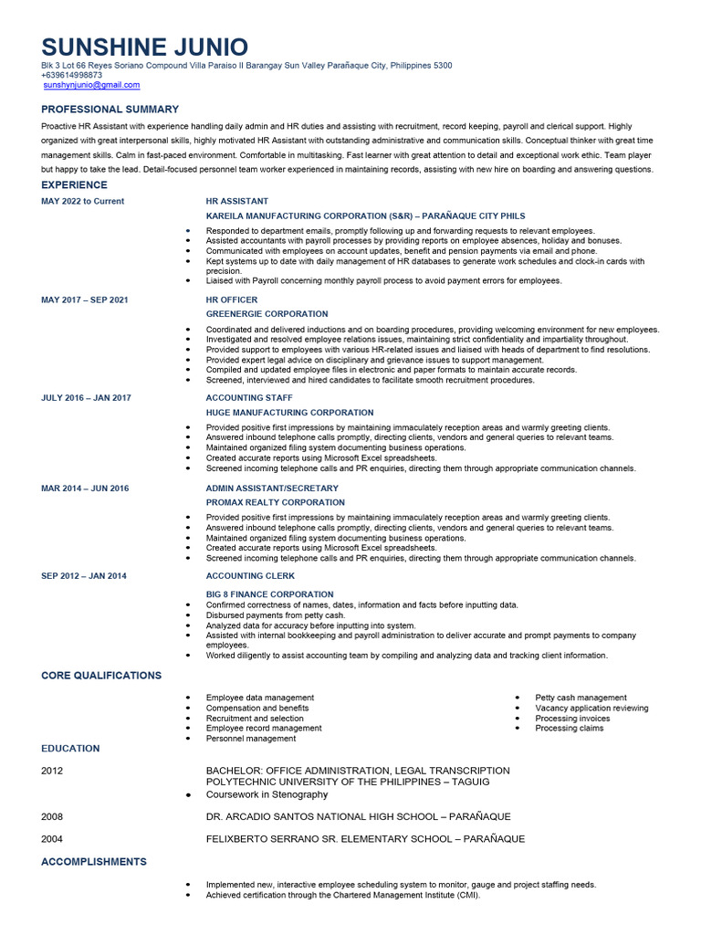 Resume Sunshine Junio | PDF | Employment | Payroll